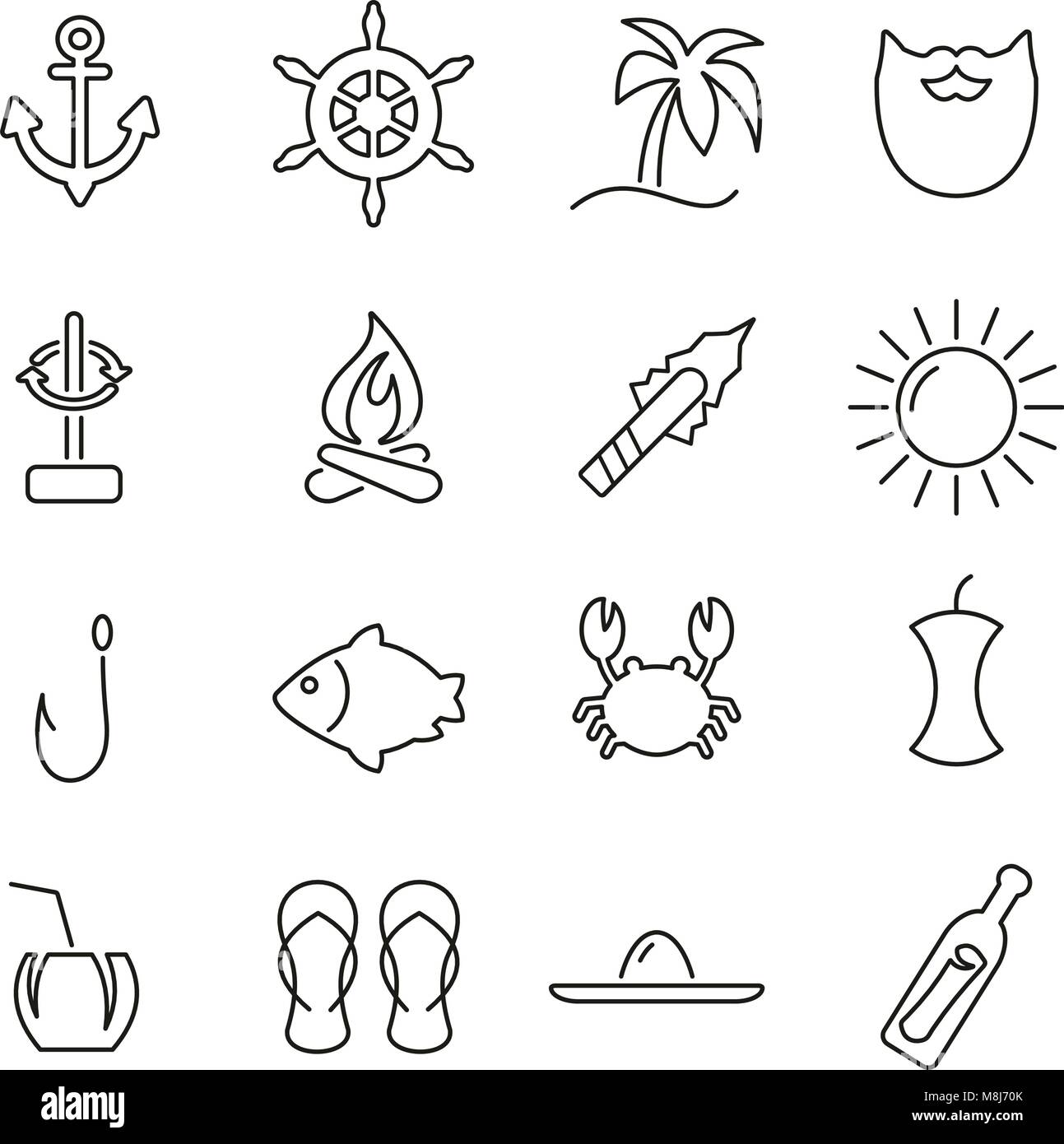 Desert Island or Stranded Icons Thin Line Vector Illustration Set Stock ...