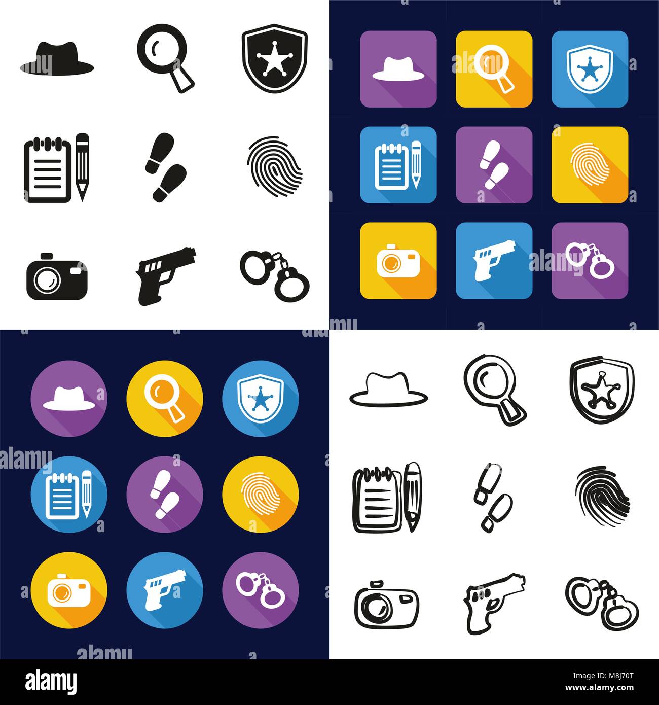 Detective All in One Icons Black & White Color Flat Design Freehand Set ...