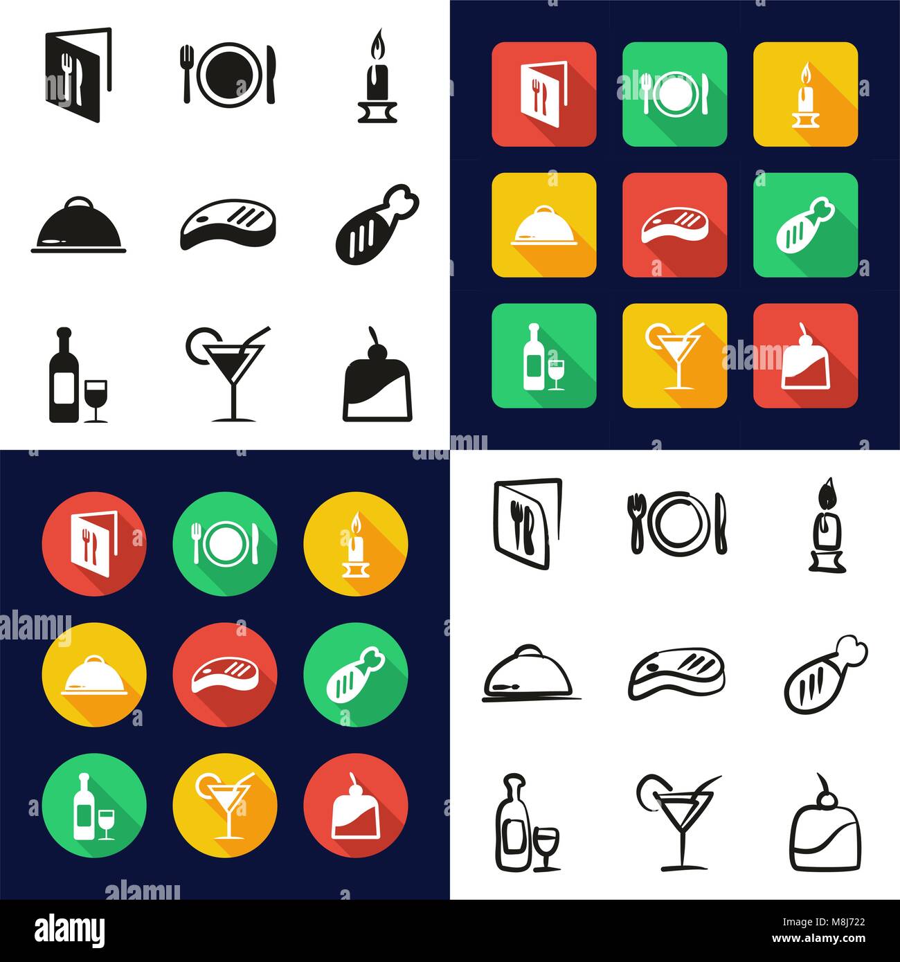 Dinner Set All in One Icons Black & White Color Flat Design Freehand ...