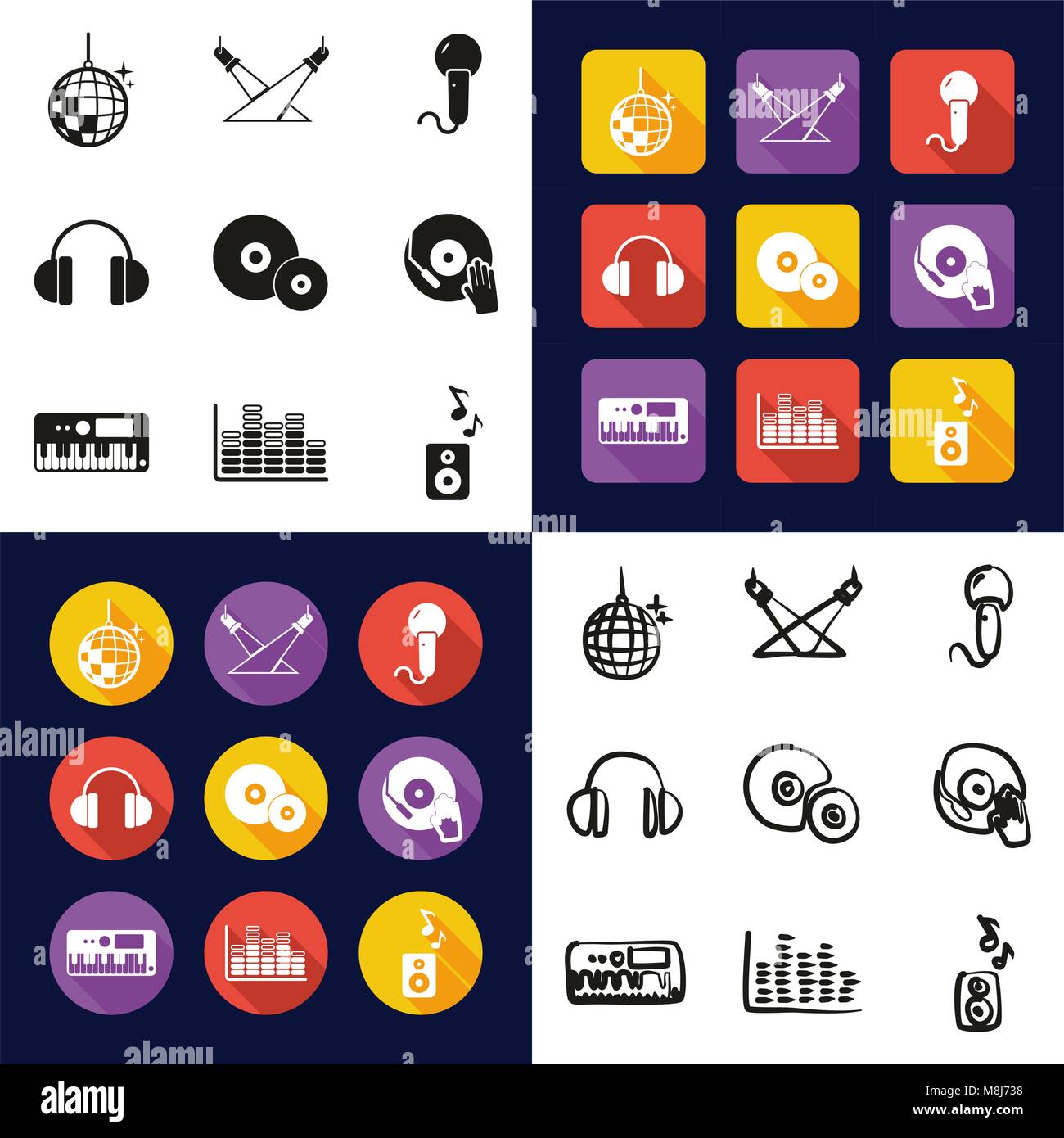 Disco Or Club All in One Icons Black & White Color Flat Design Freehand ...