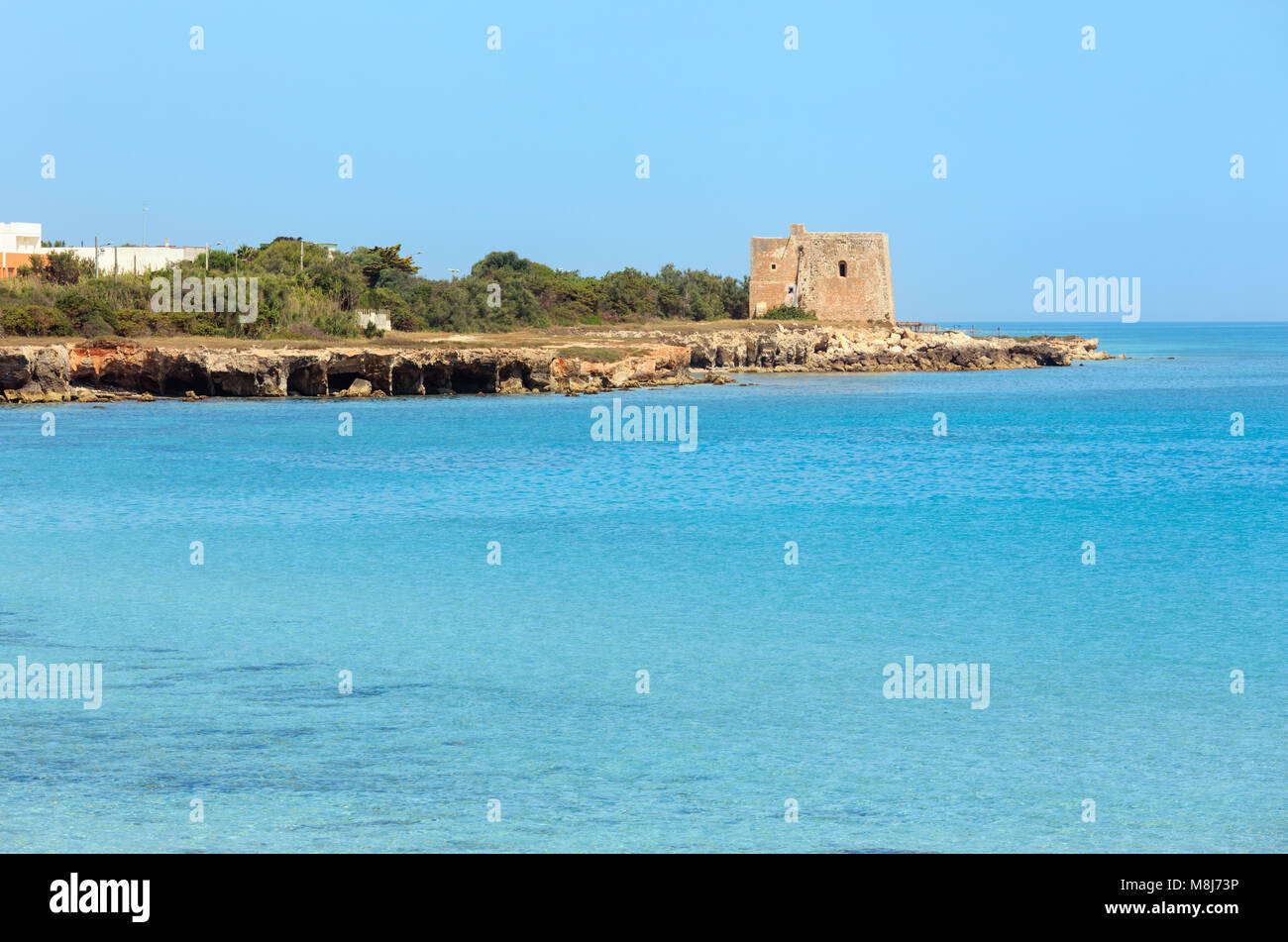 Torre Specchia Ruggeri view from Ionian Sea summer beach (Lecce Region ...