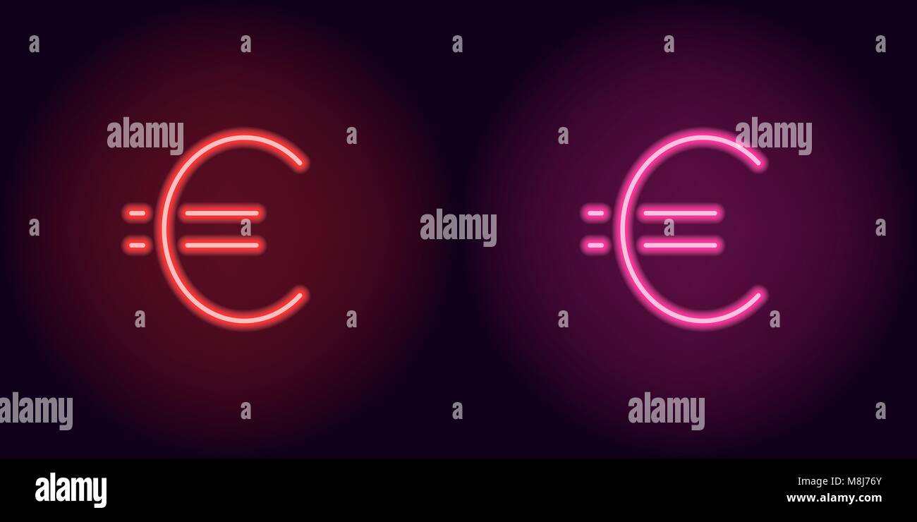Red and pink neon euro sign. Vector silhouette of neon euro currency ...