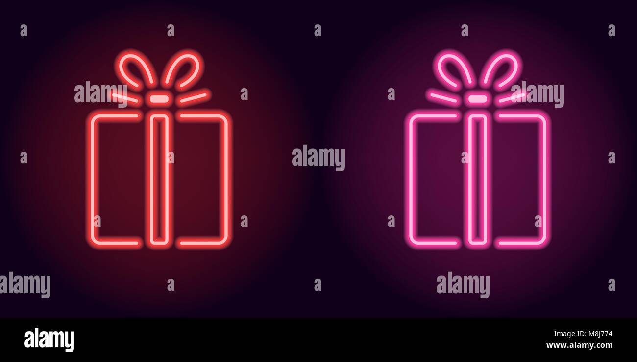Red and pink neon gift box. Vector silhouette of neon holiday gift ...