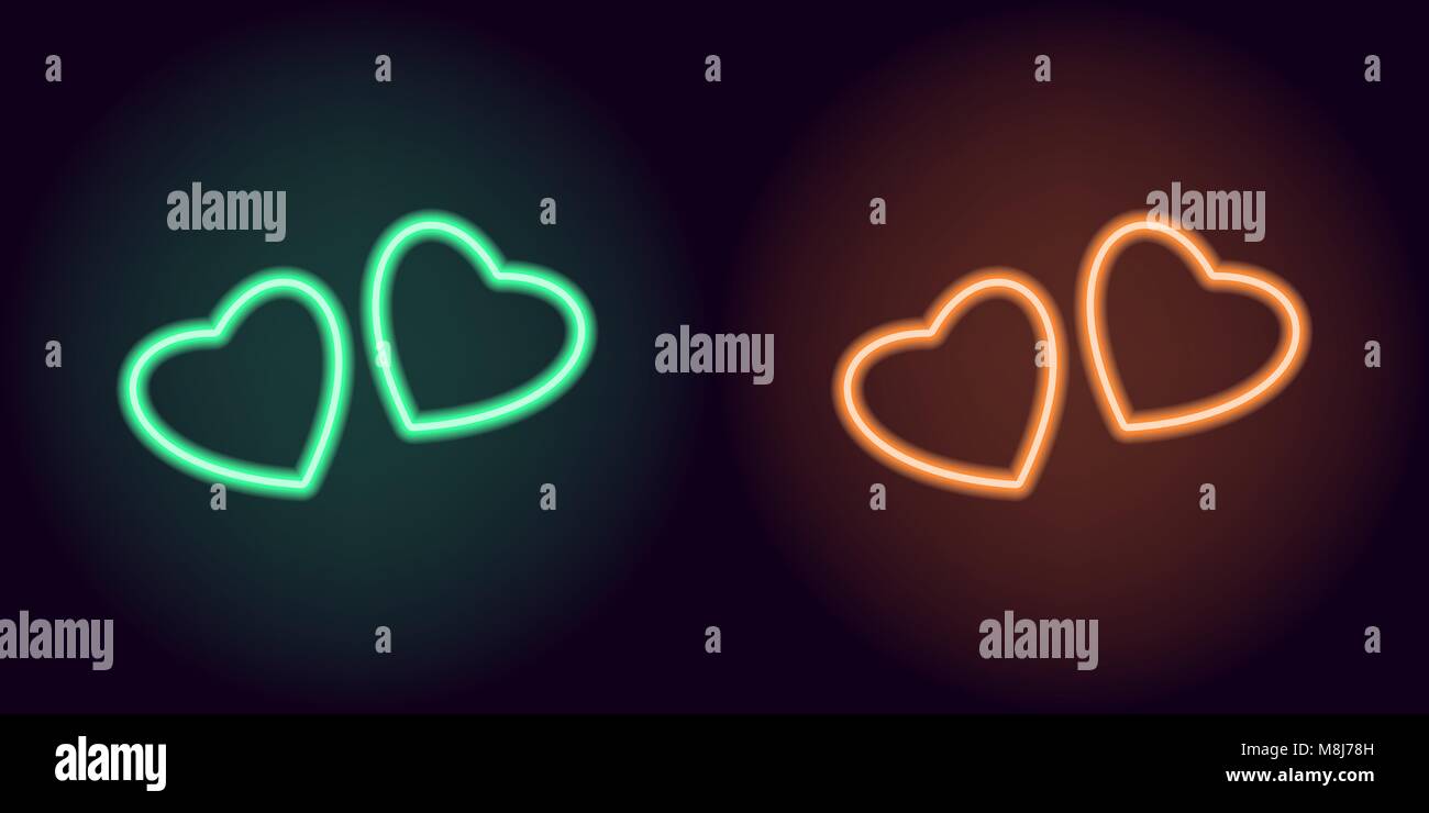Green and orange neon pair of hearts. Vector silhouette of neon hearts ...
