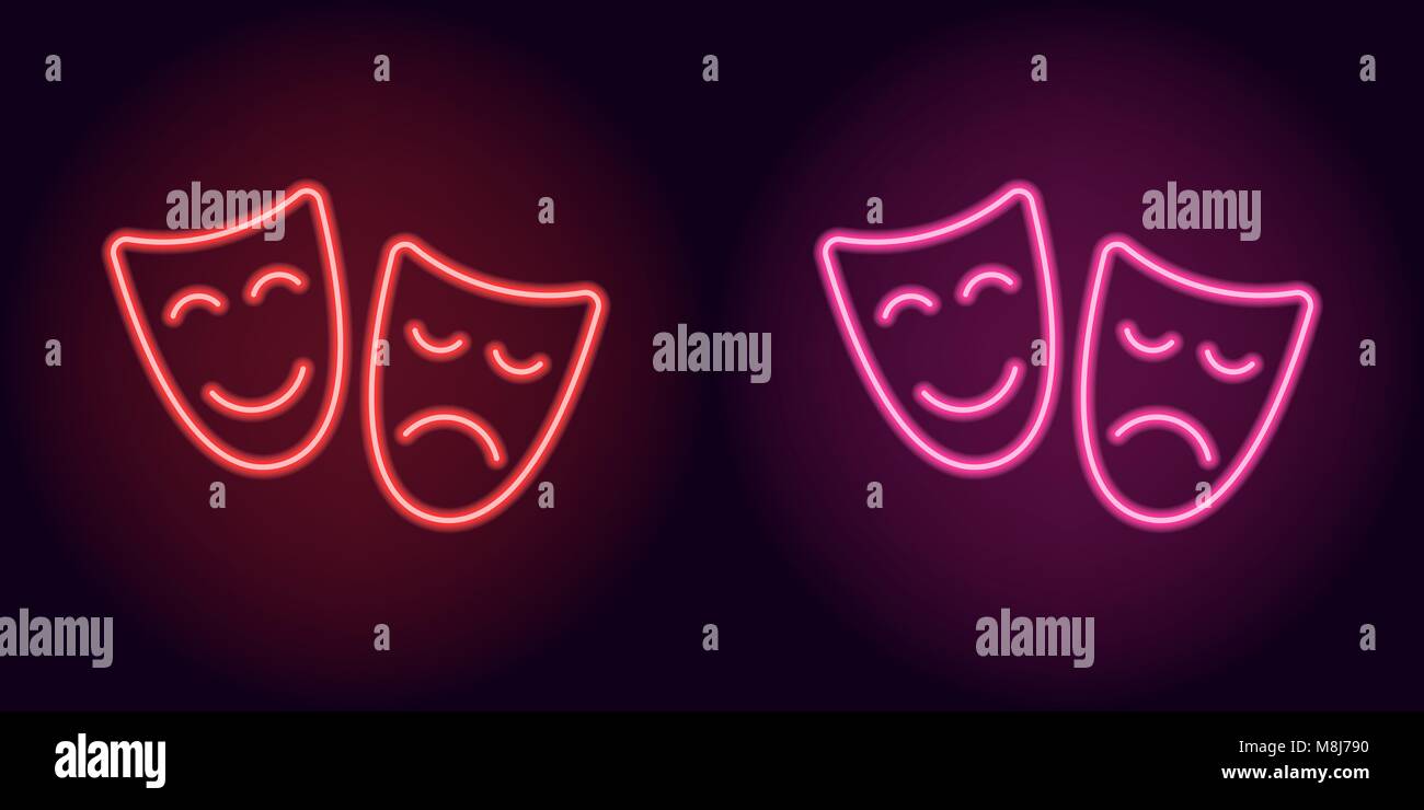Red and pink neon mask. Vector silhouette of neon theater masks ...