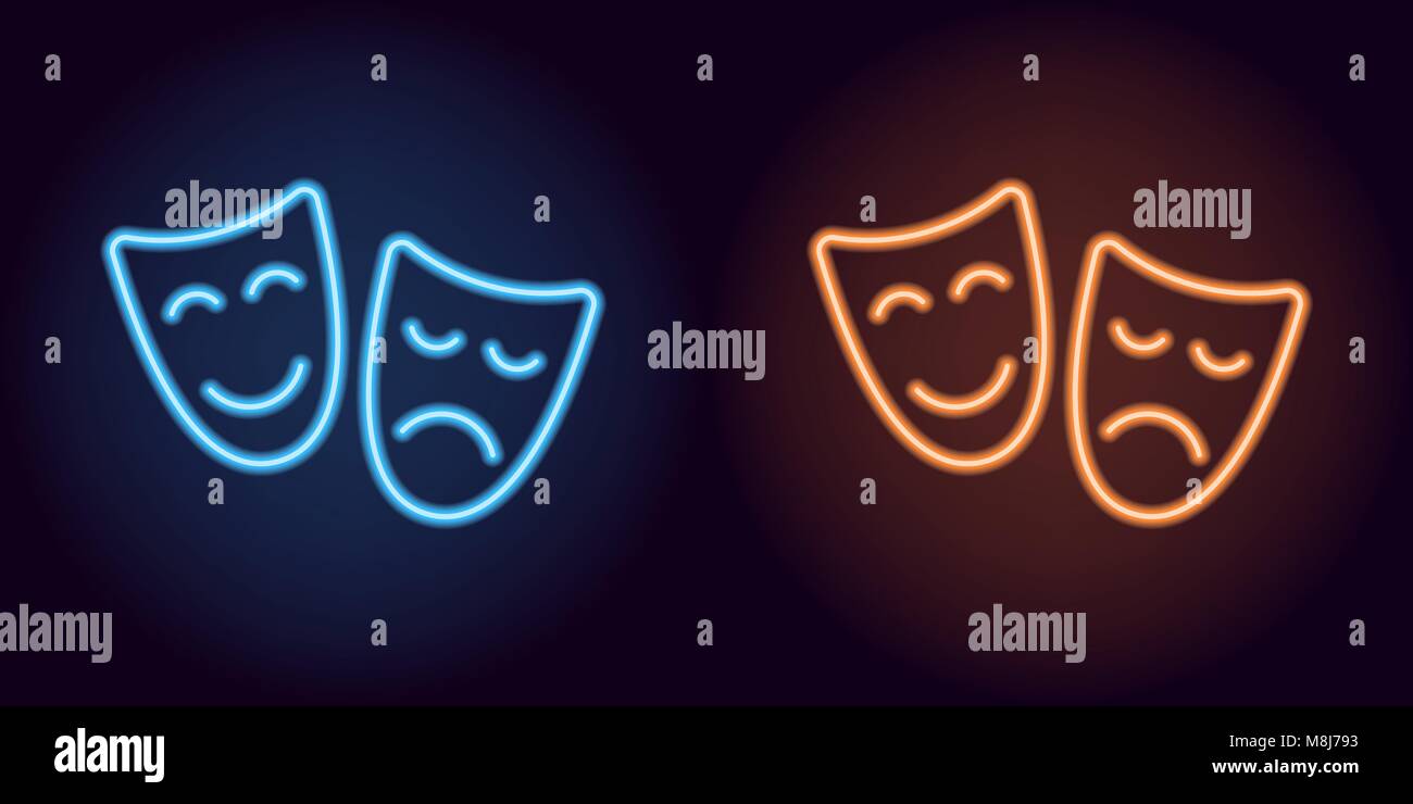Blue and orange neon mask. Vector silhouette of neon theater masks ...