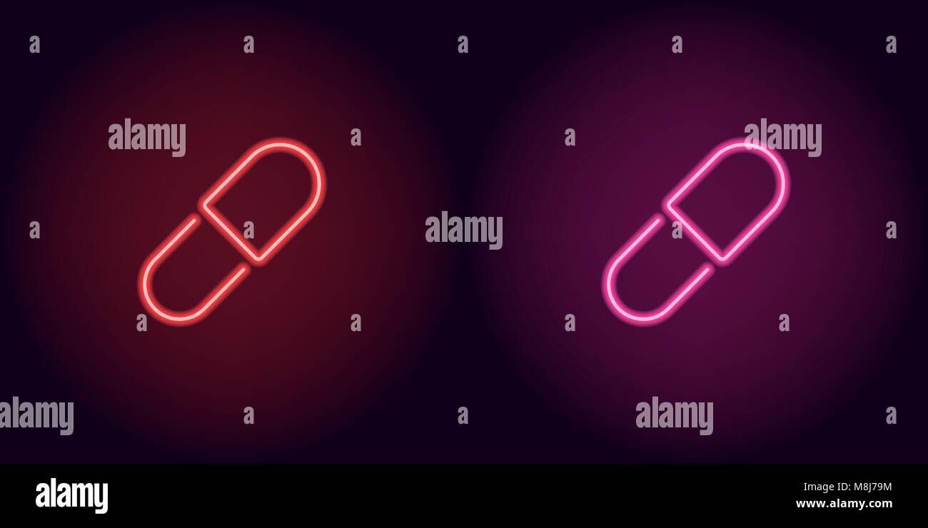 Red and pink neon medicine pill. Vector silhouette of neon pill ...