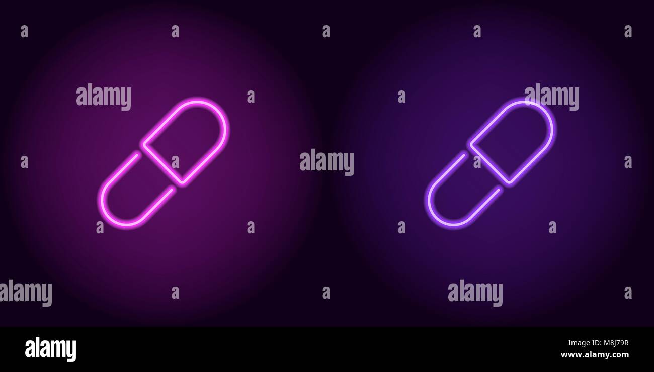 Purple and violet neon medicine pill. Vector silhouette of neon pill ...