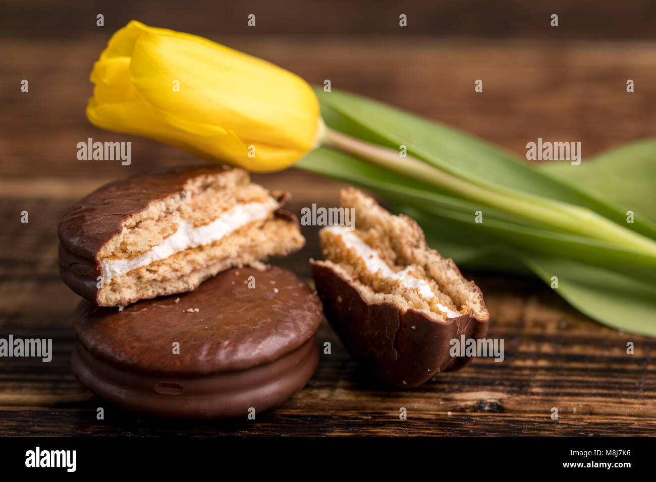Chocolate biscuits with a delicate filling and a tulip flower. A gift ...