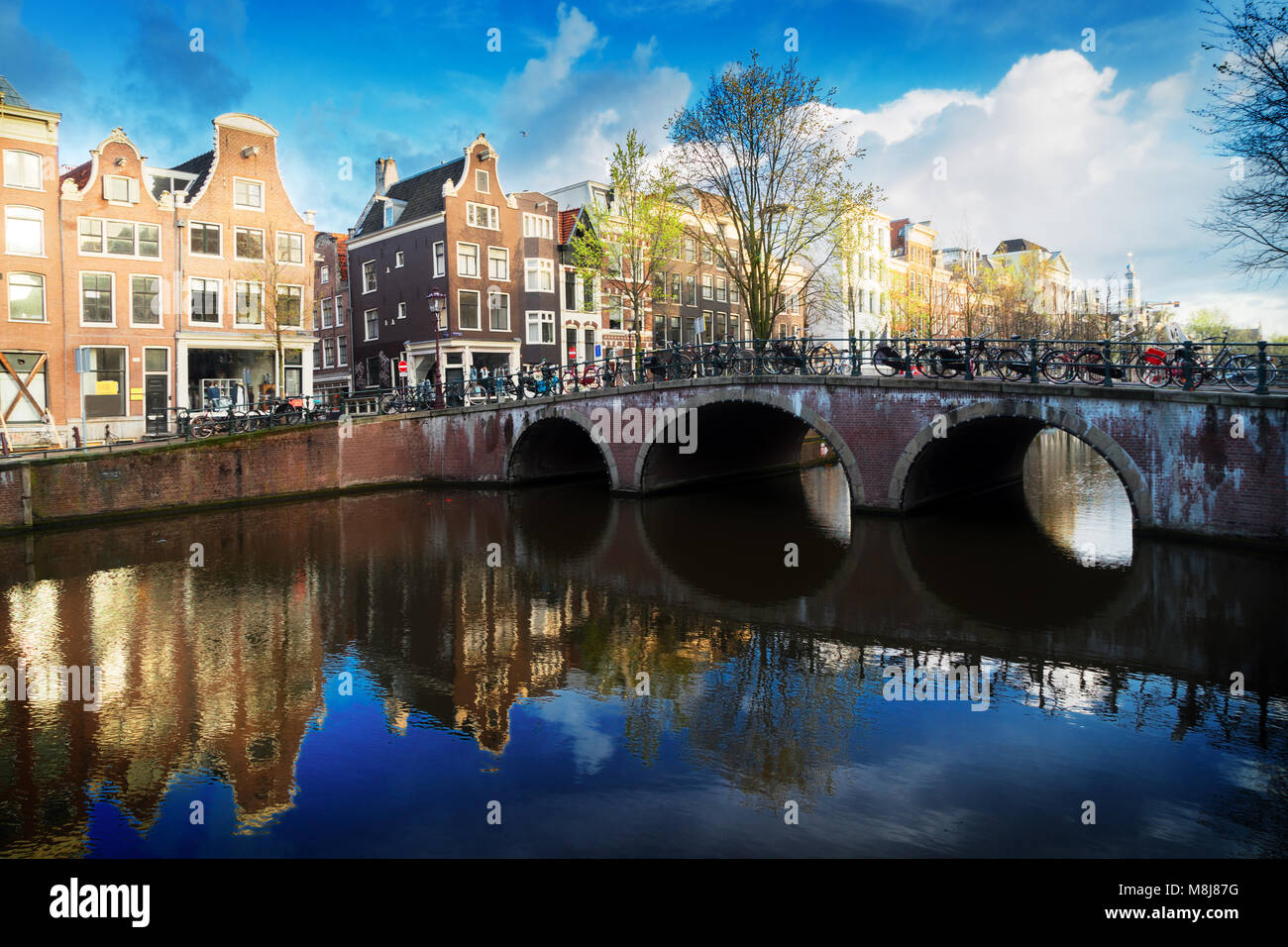 Dutch scenery with canal and mirror reflections at spring, Amsterdam ...