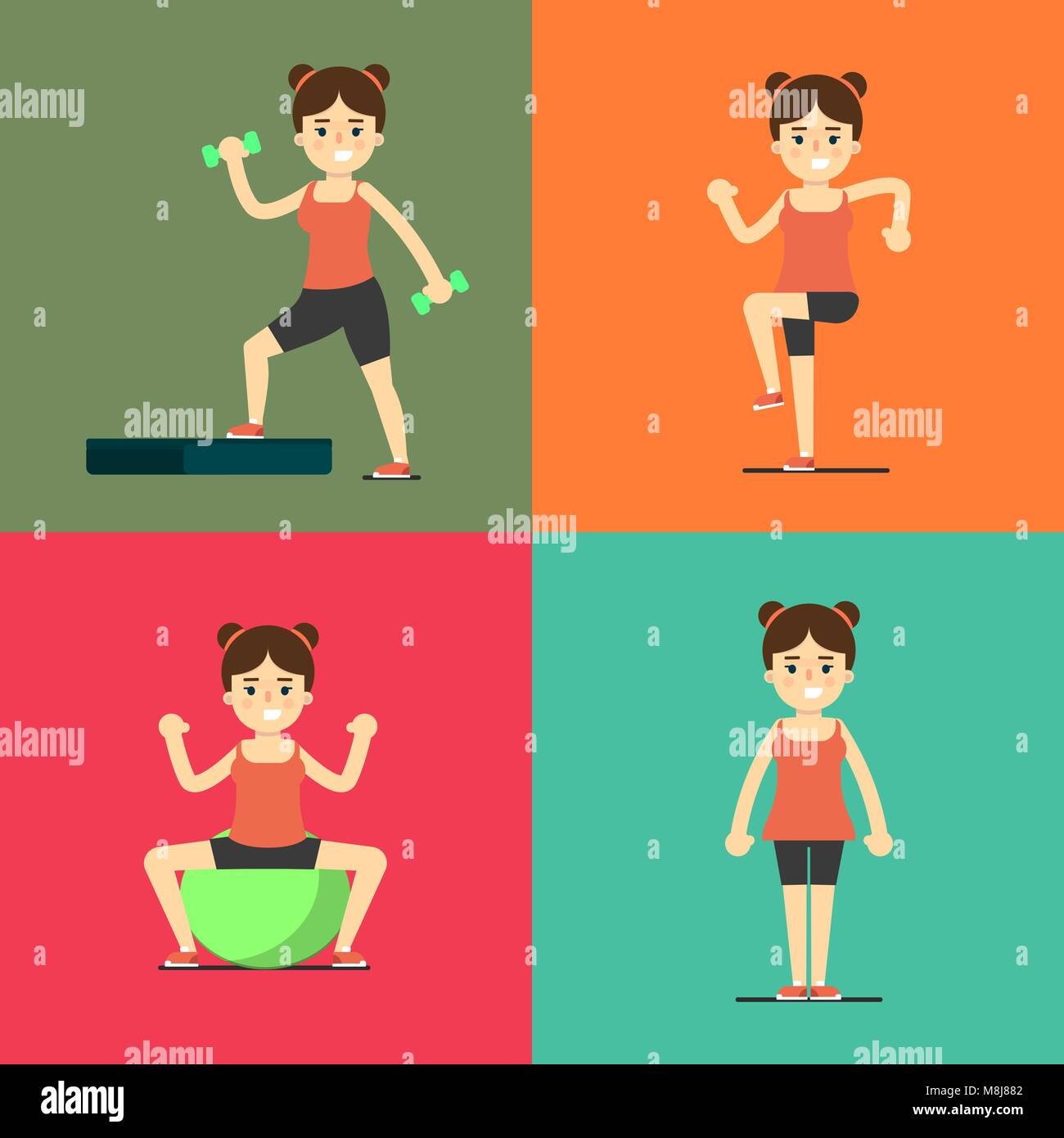 Fitness girl doing exercise, illustration set Stock Vector Image & Art ...