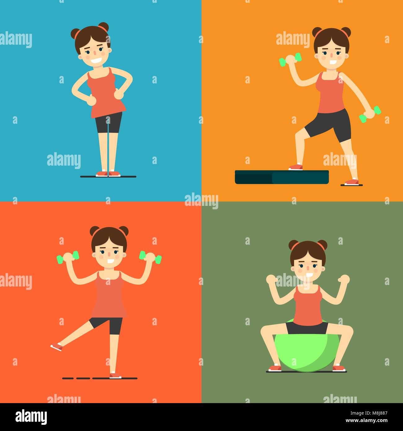 Fitness girl doing exercise, illustration set Stock Vector Image & Art ...