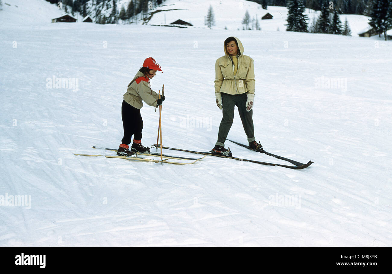 old time ski images from the 1950's, young skier learning, Italian Alps ...