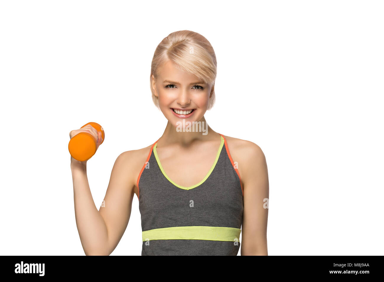Happy Smiling Slim Woman With Dumbbell Isolated On White Background