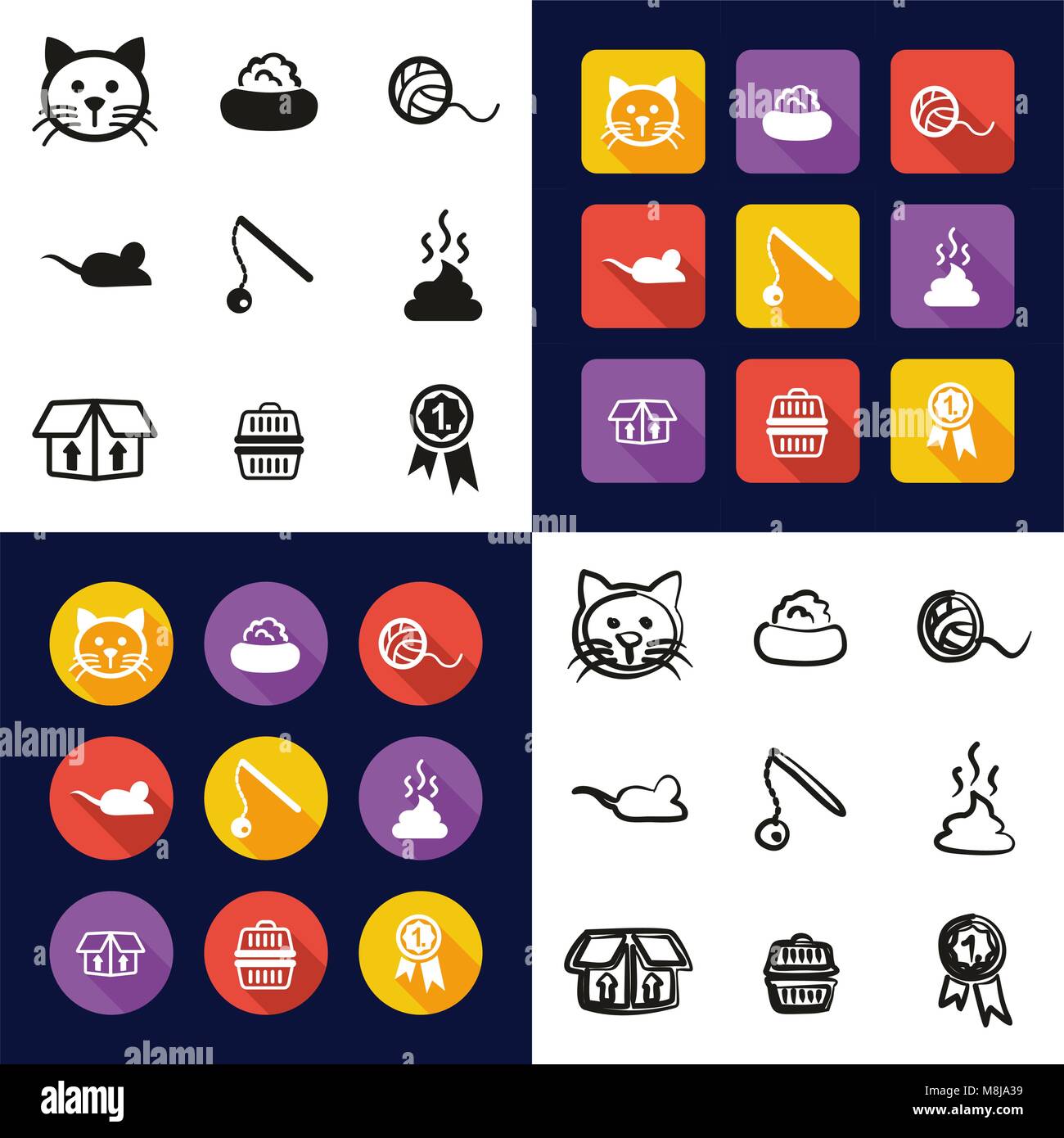 Cat All in One Icons Black & White Color Flat Design Freehand Set Stock ...