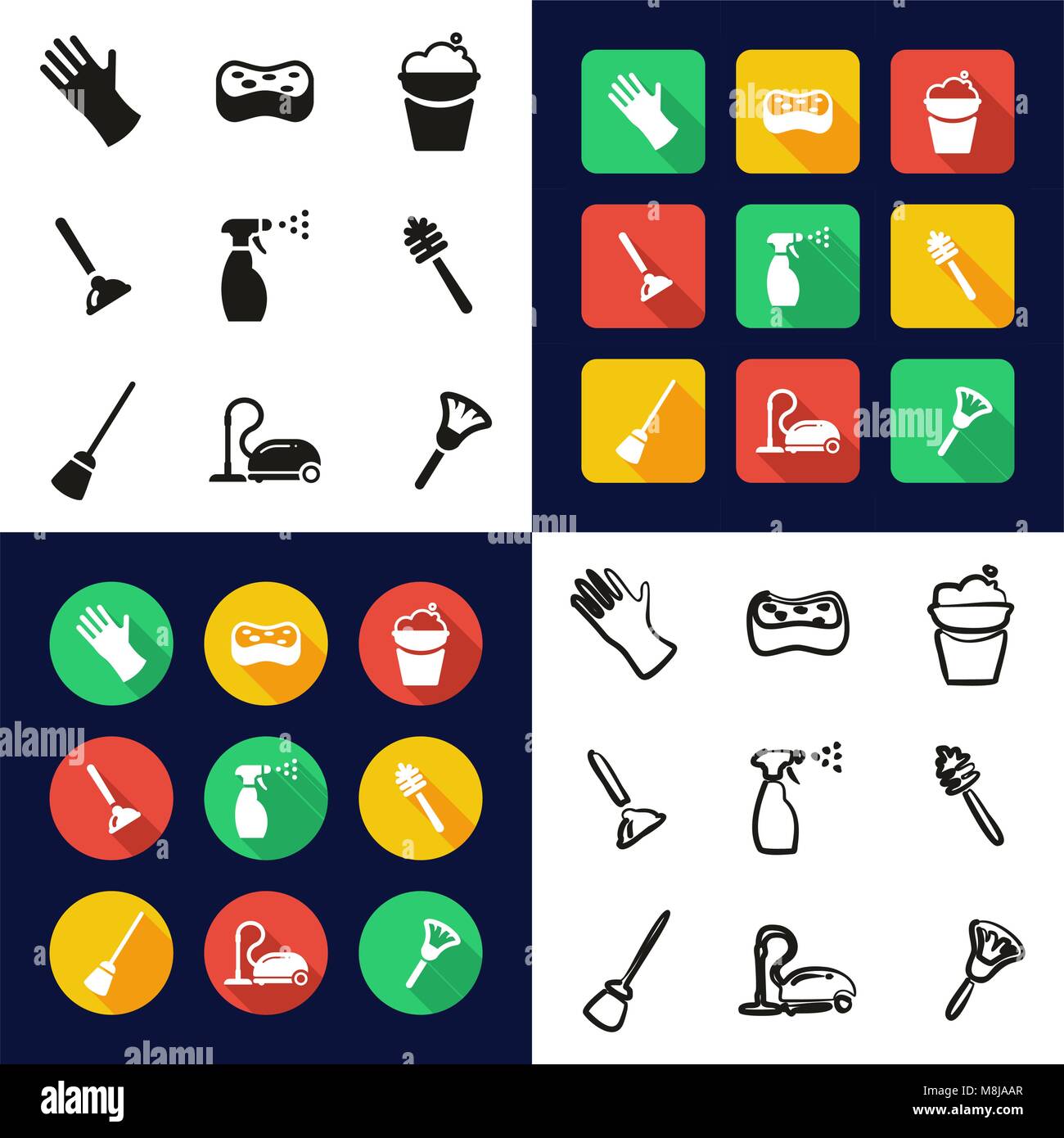 Cleaning All in One Icons Black & White Color Flat Design Freehand Set ...