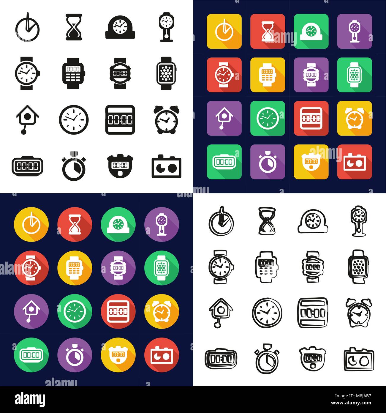 Clock All in One Icons Black & White Color Flat Design Freehand Stock ...