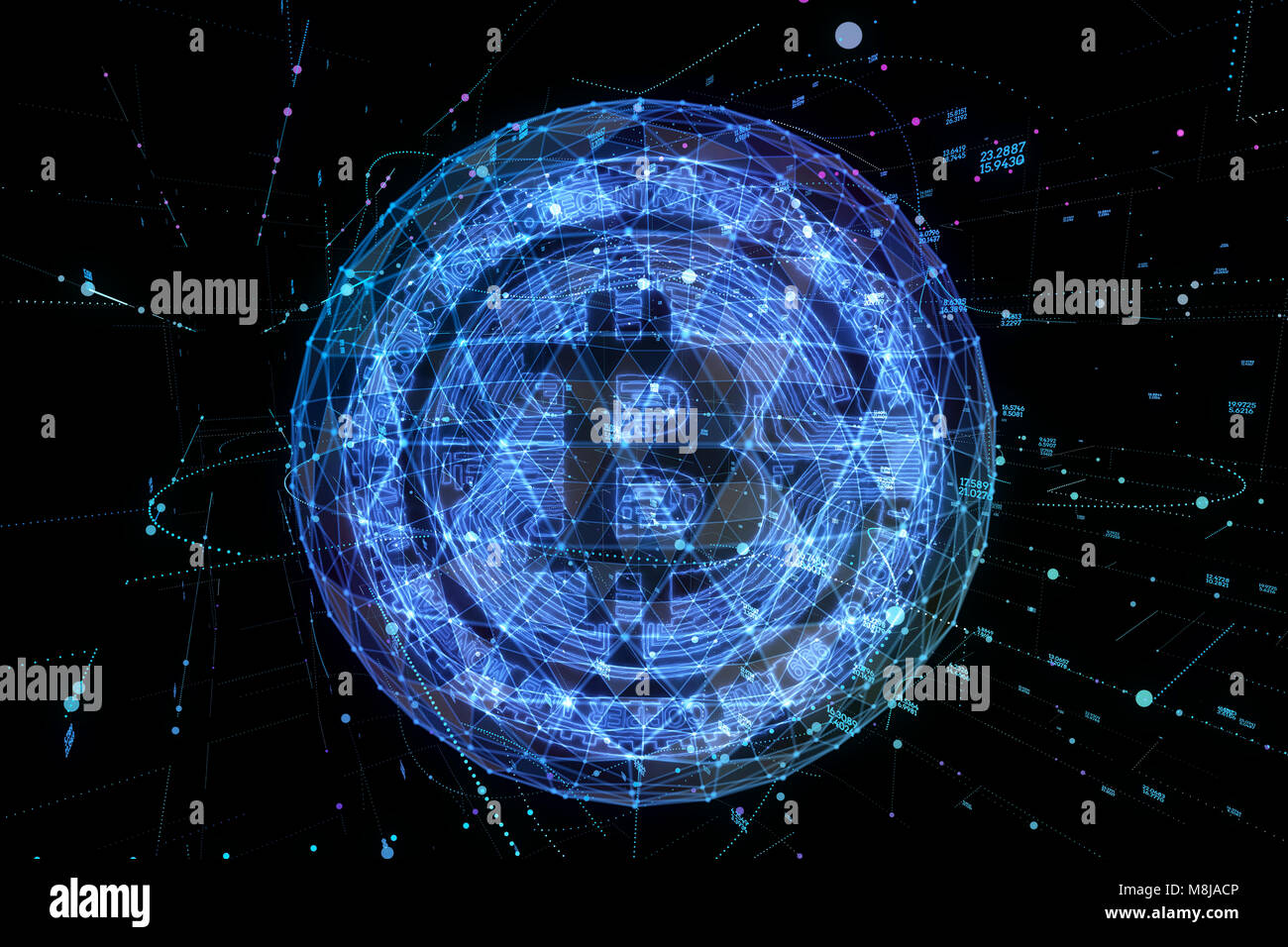 Bitcoin digital currency and world globe hologram, futuristic digital ...