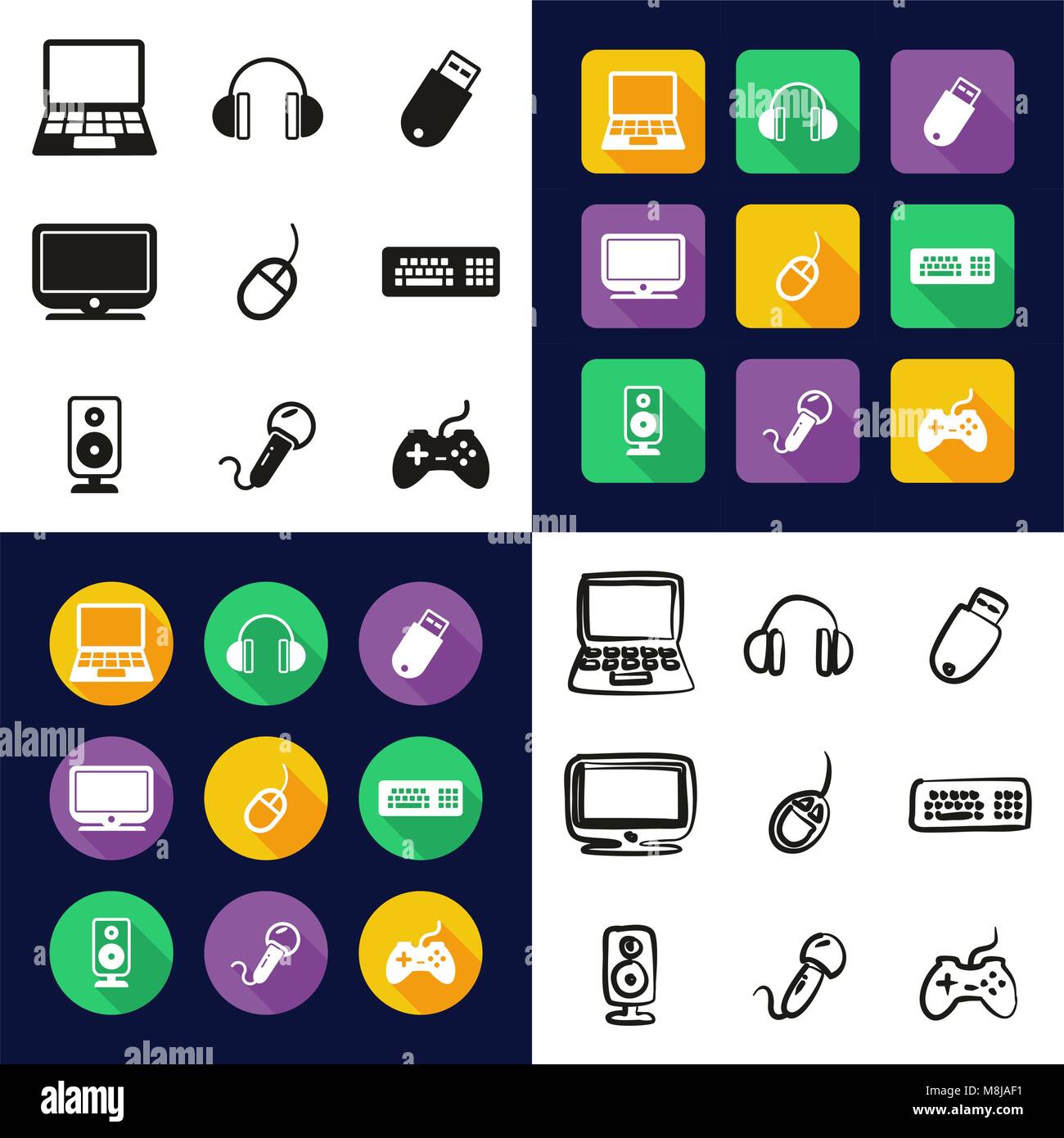 Computer All in One Icons Black & White Color Flat Design Freehand Set ...