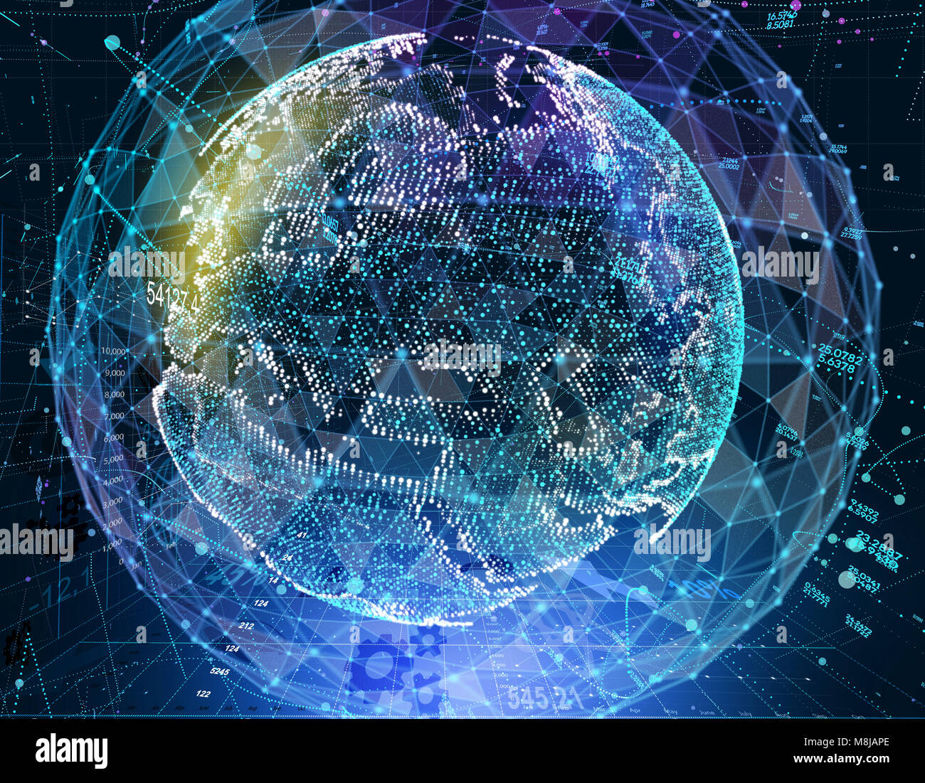 Connections global communication in the world map view on dark space ...
