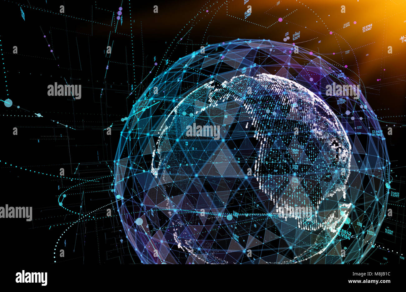 Connections global communication in the world map view on dark space ...