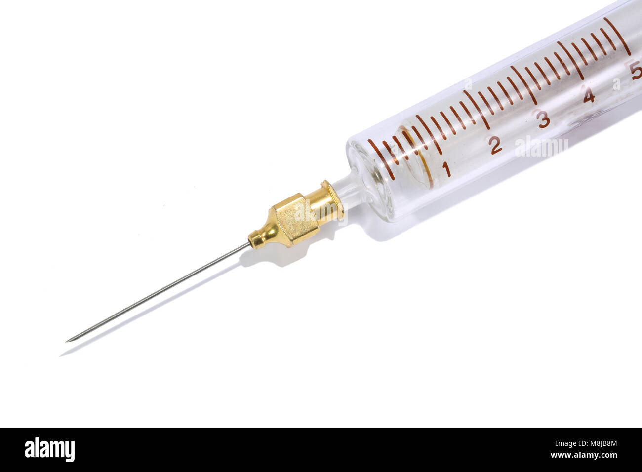 vintage medical syringe made of glass on white background and pointed ...