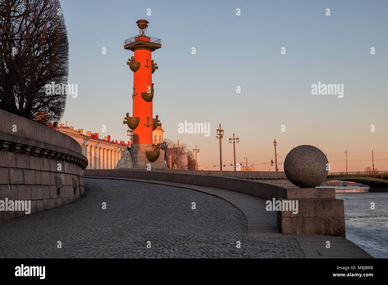 Rostral column early in the morning at dawn, St. Petersburg, Russia ...