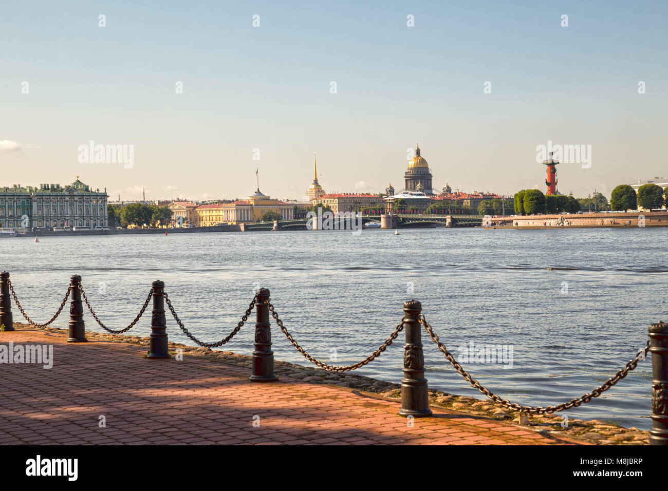 Neva River embankments on a sunny summer morning, St. Petersburg ...