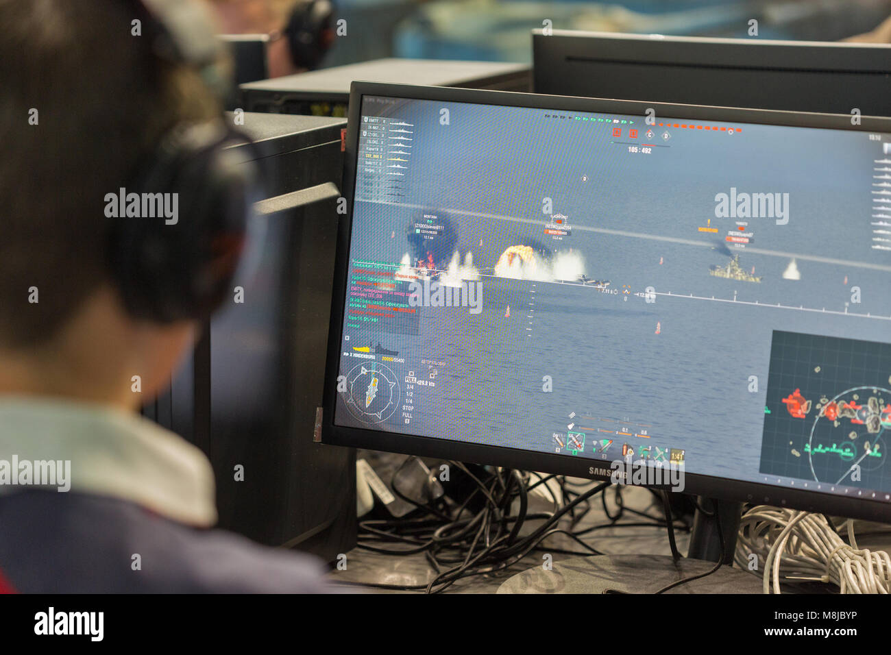 KIEV, UKRAINE - OCTOBER 08, 2017: Unrecognized people visit Wargaming ...