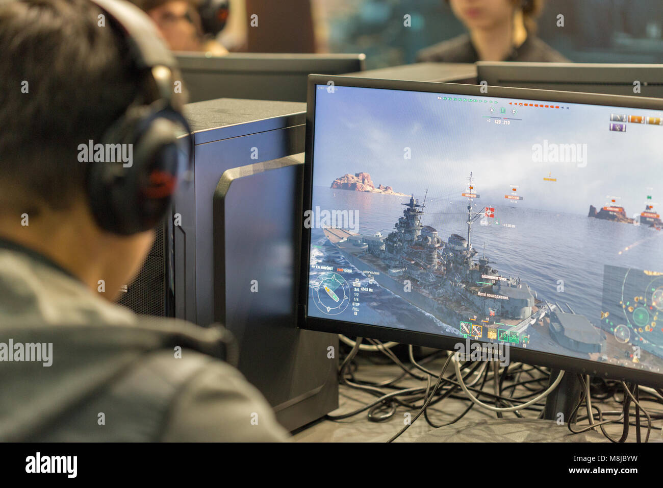 KIEV, UKRAINE - OCTOBER 08, 2017: Unrecognized people visit Wargaming ...