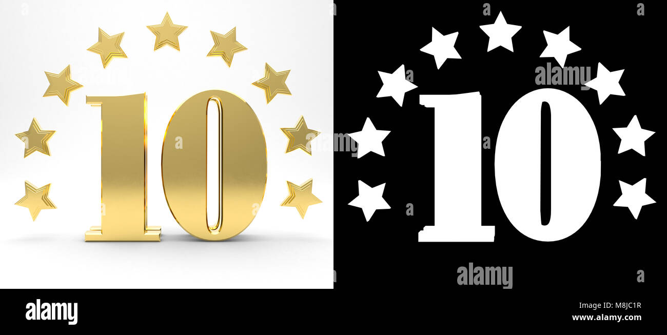 Golden number ten on white background with drop shadow and alpha ...