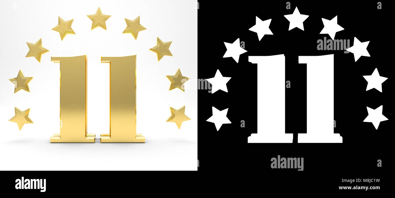 Golden number eleven on white background with drop shadow and alpha ...