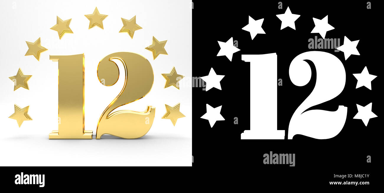 Golden number twelve on white background with drop shadow and alpha ...