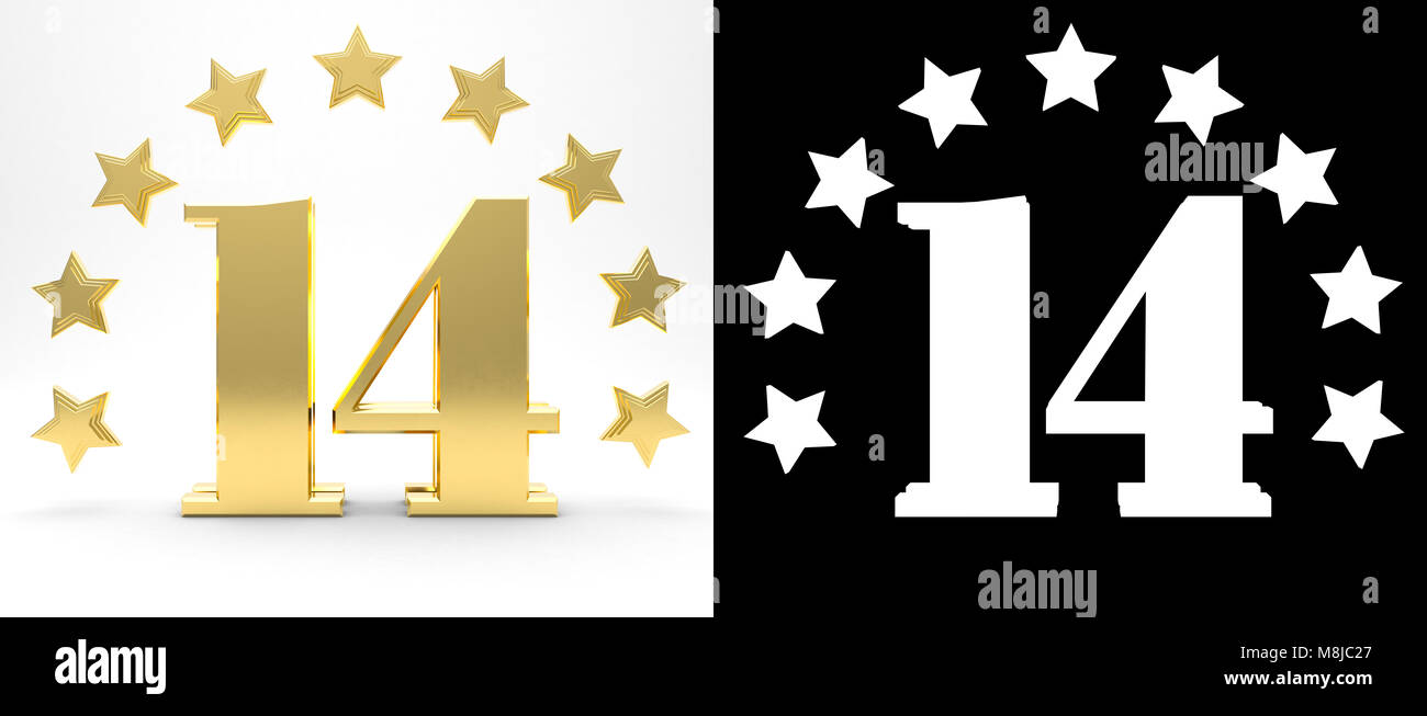Golden number fourteen on white background with drop shadow and alpha ...