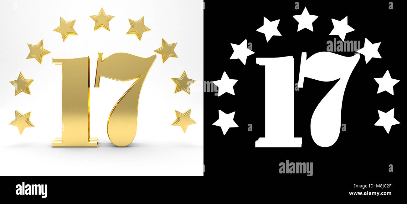 Golden number seventeen on white background with drop shadow and alpha ...
