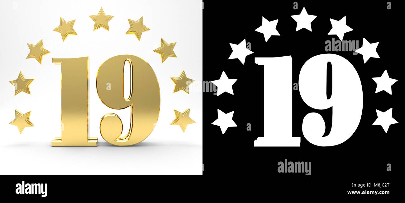 Golden number nineteen on white background with drop shadow and alpha ...