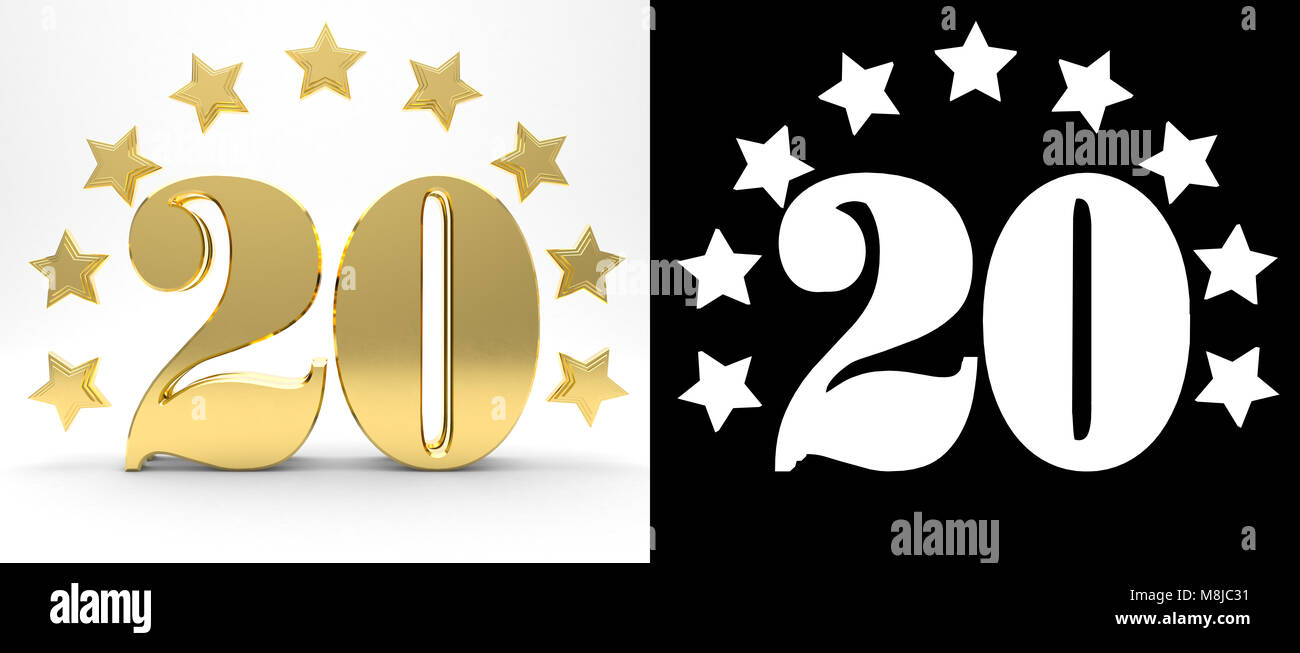 Golden number twenty on white background with drop shadow and alpha ...