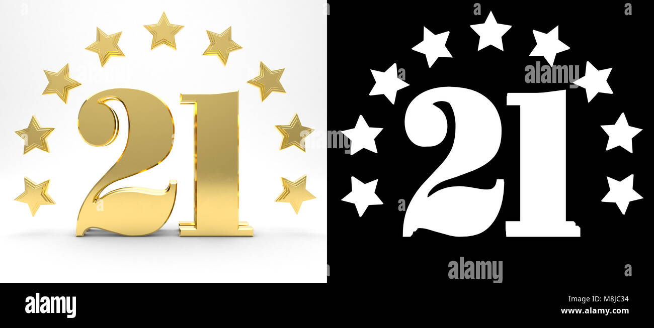 Golden number twenty one on white background with drop shadow and alpha ...