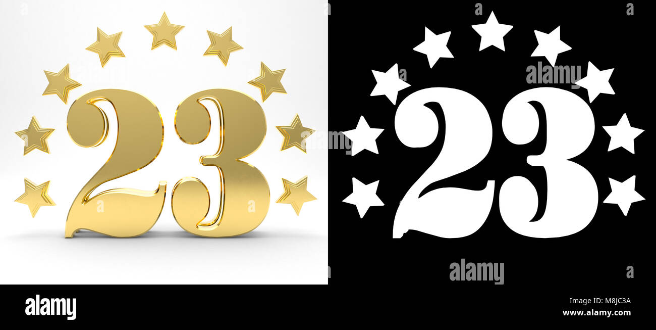 Golden number twenty three on white background with drop shadow and ...