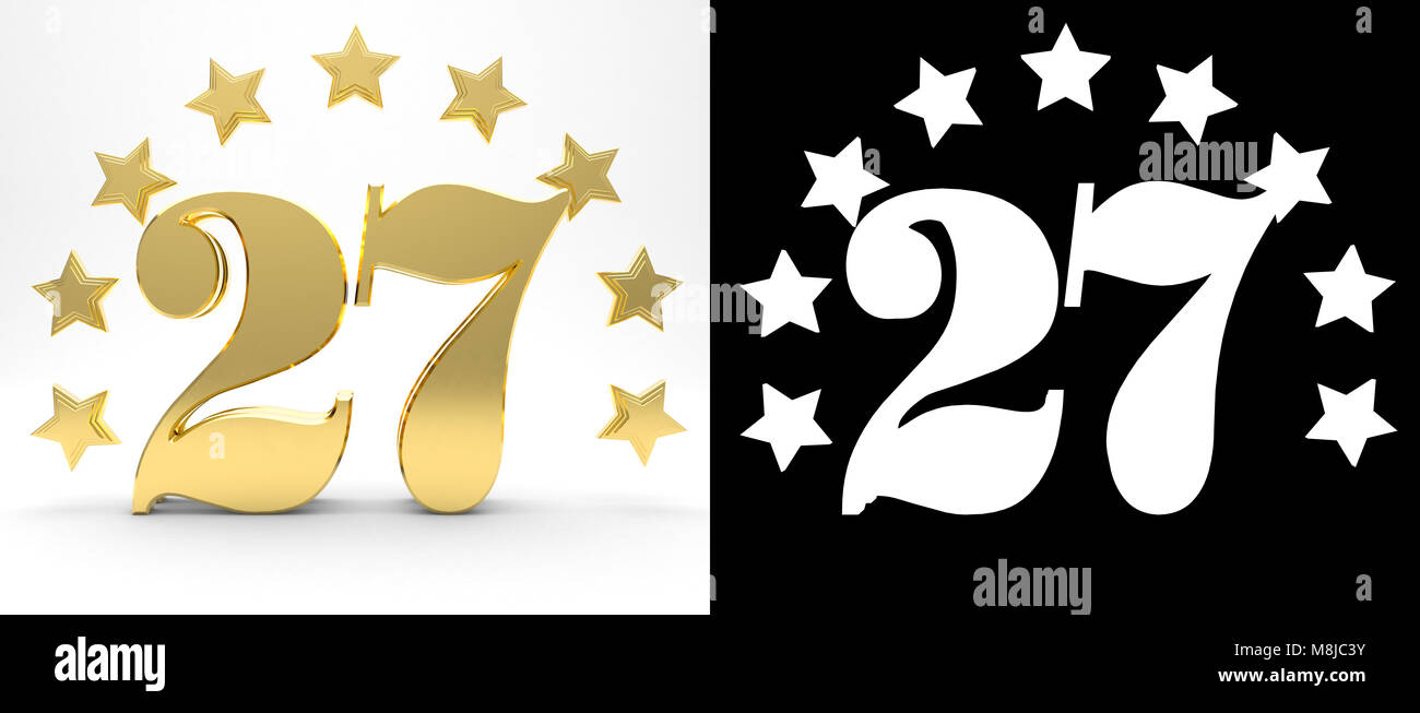 Golden number twenty seven on white background with drop shadow and ...