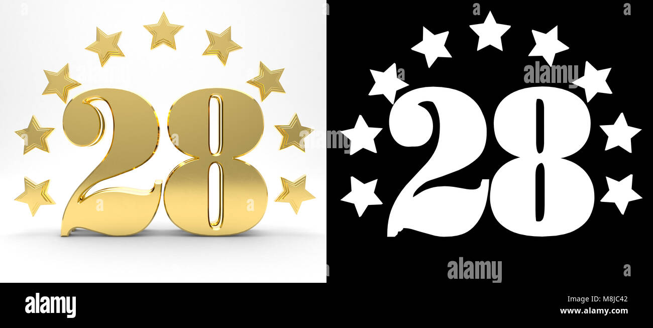 Golden number twenty eight on white background with drop shadow and ...