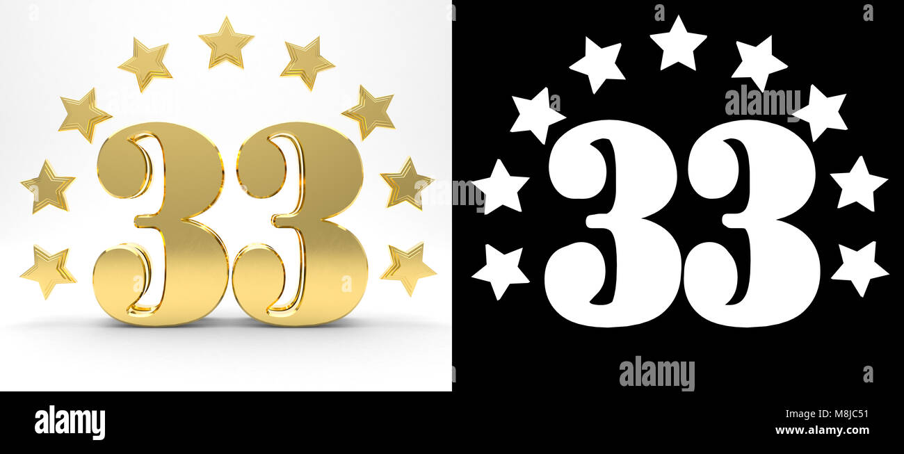 Golden number thirty three on white background with drop shadow and ...