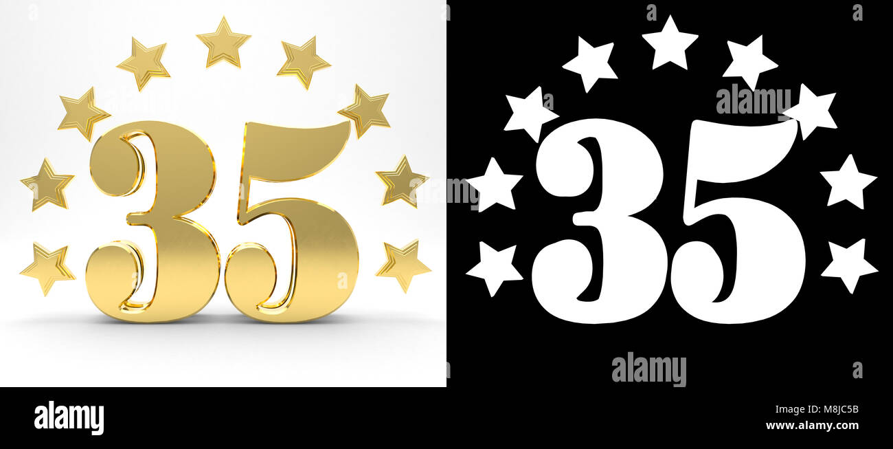 Golden number thirty five on white background with drop shadow and ...