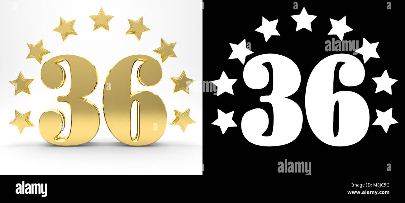 Golden number thirty six on white background with drop shadow and alpha ...