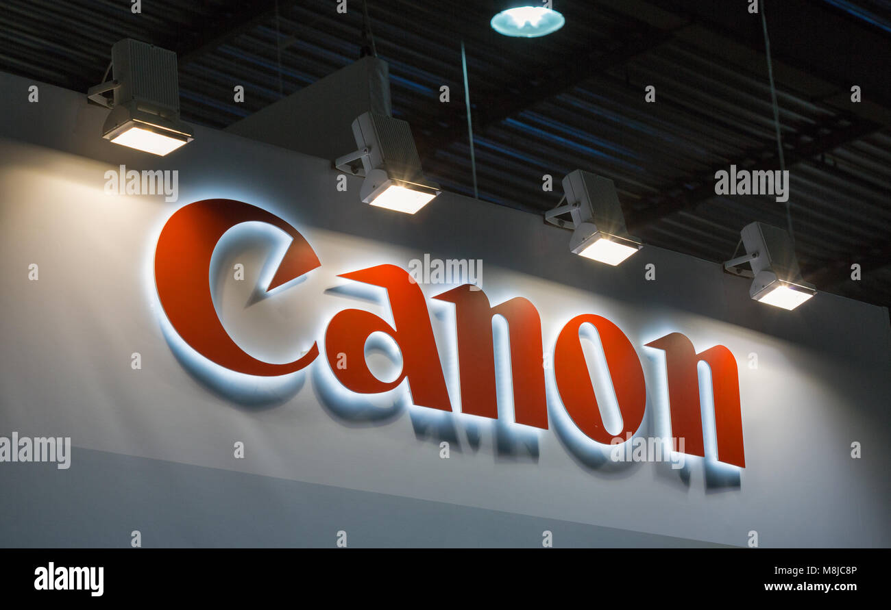 KIEV, UKRAINE - OCTOBER 08, 2017: Banner with logo closeup on Canon ...