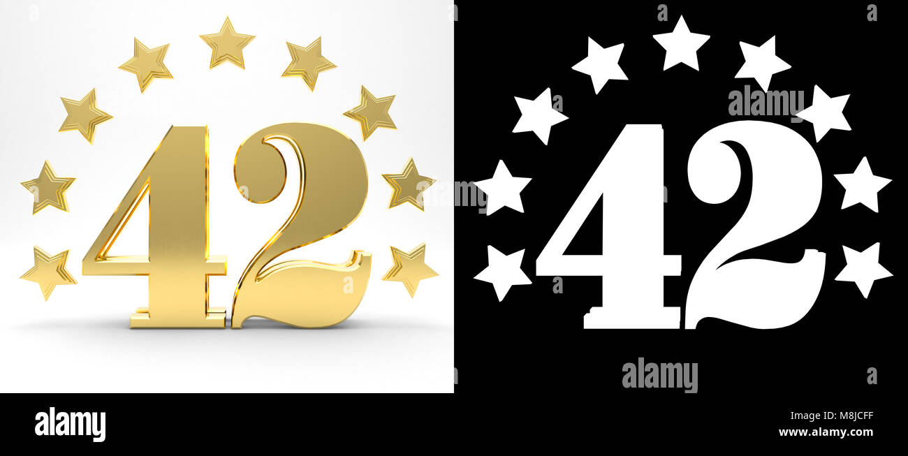 Golden number forty two on white background with drop shadow and alpha ...