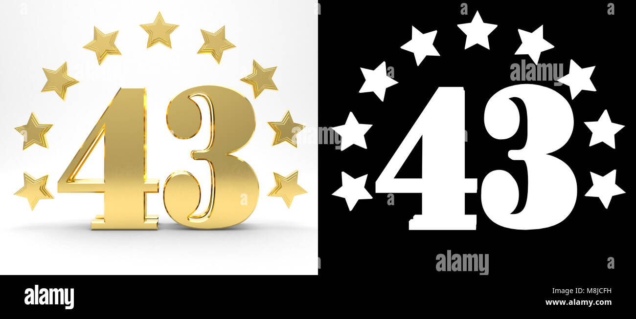Golden number forty three on white background with drop shadow and ...