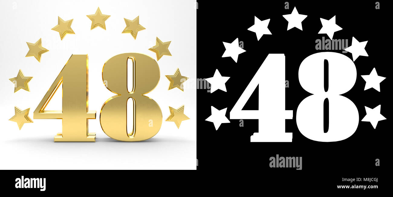 Golden number forty eight on white background with drop shadow and ...