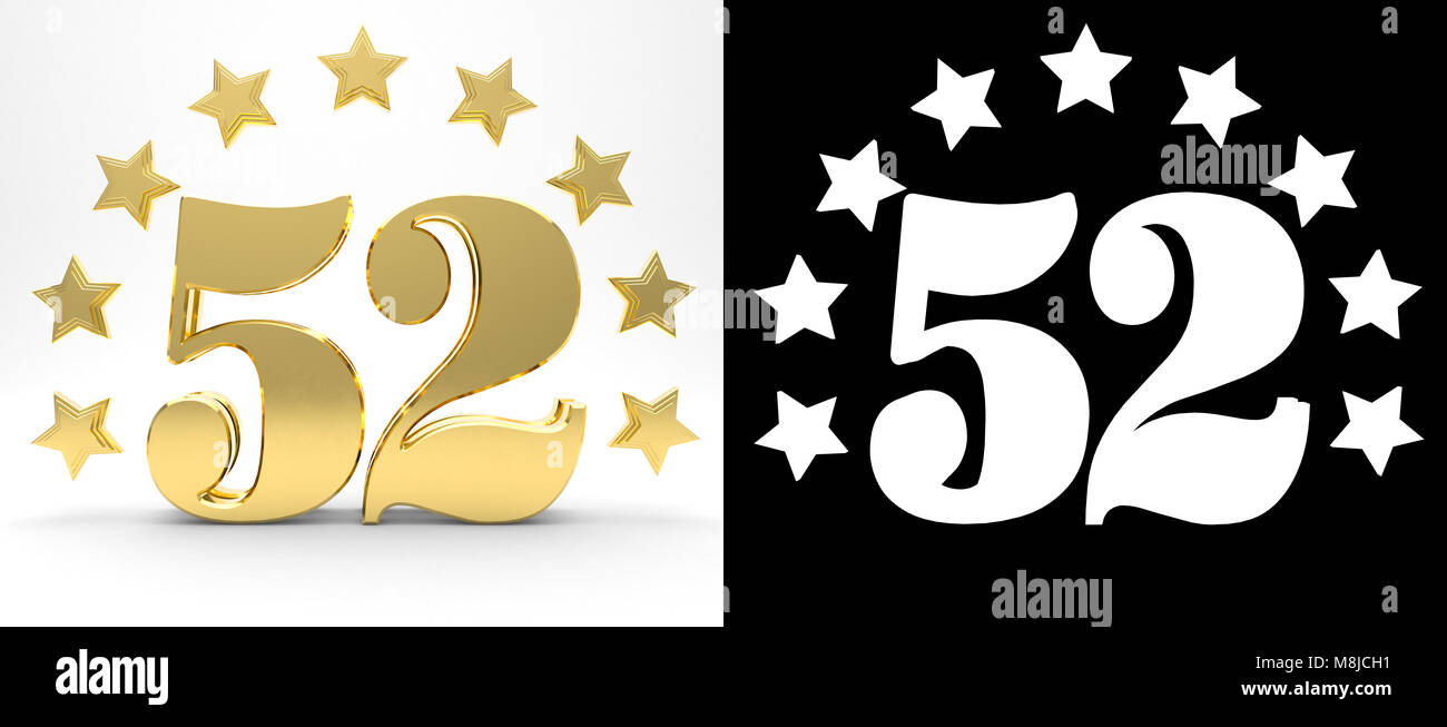 Golden number fifty two on white background with drop shadow and alpha ...