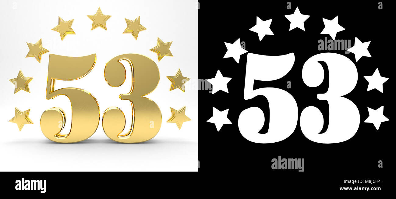 Golden number fifty three on white background with drop shadow and ...